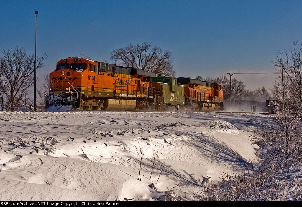 Westbound Snow Coach - BNSF 6144, BN 12121, and BNSF 6414
